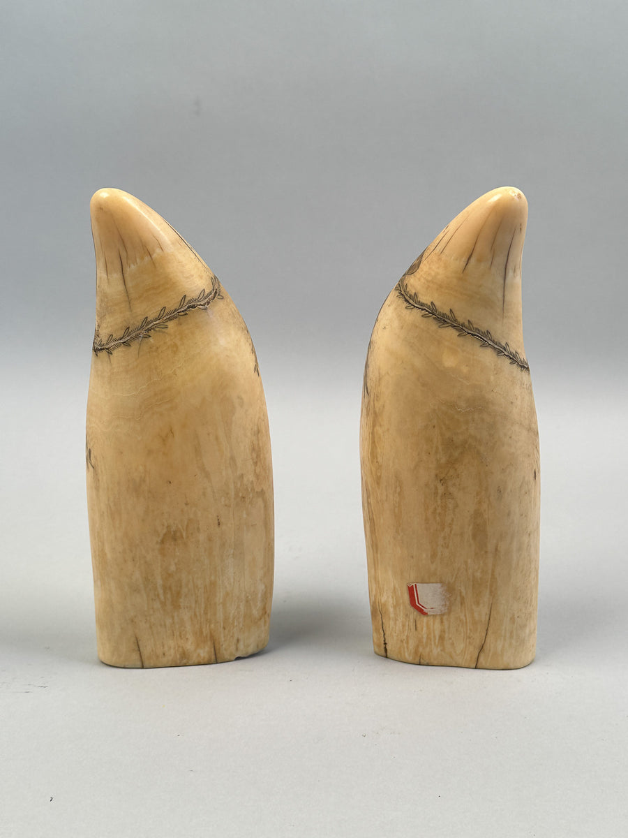 Pair of Antique Scrimshaw Teeth, Actors J.B. Booth & Mrs. Charles Kean ...